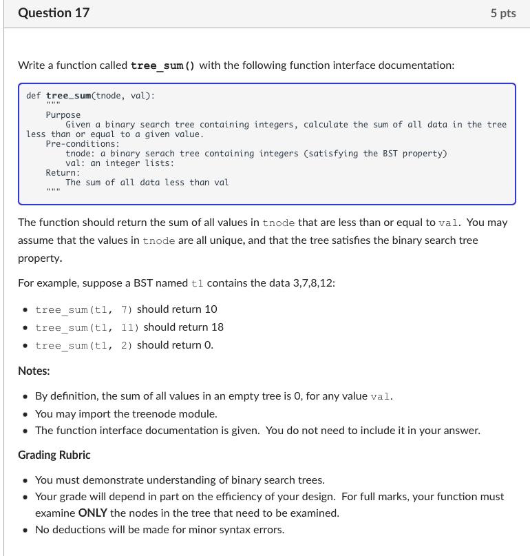 Solved def tree_sum(tnode, val): Purpose Given a binary | Chegg.com