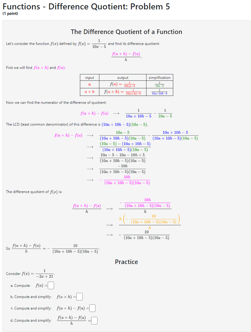 Solved Functions - Difference Quotient: Problem 5 (1 point) | Chegg.com