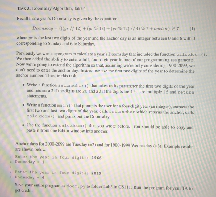 Solved Task 3: Doomsday Algorithm, Take 4 Recall that a | Chegg.com