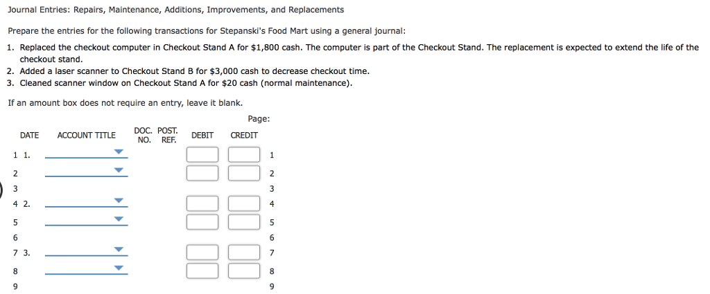 Solved Journal Entries: Repairs, Maintenance, Additions, | Chegg.com