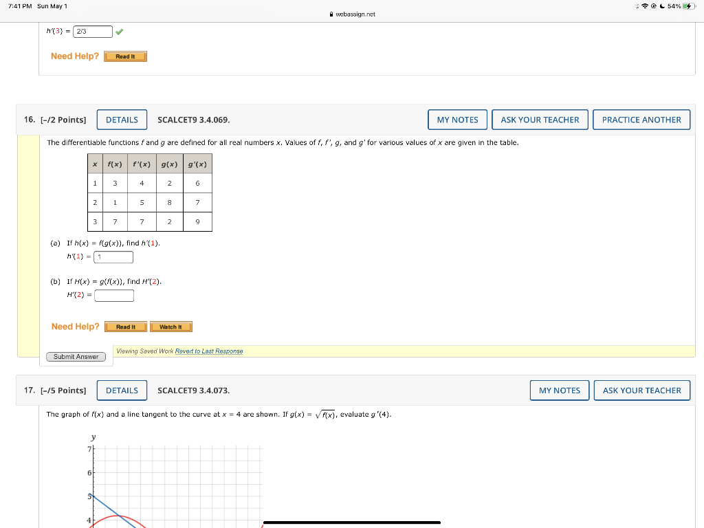 Solved 7:41 PM Sun May 1 webassign.net h(3) 2/3 Need Help? | Chegg.com