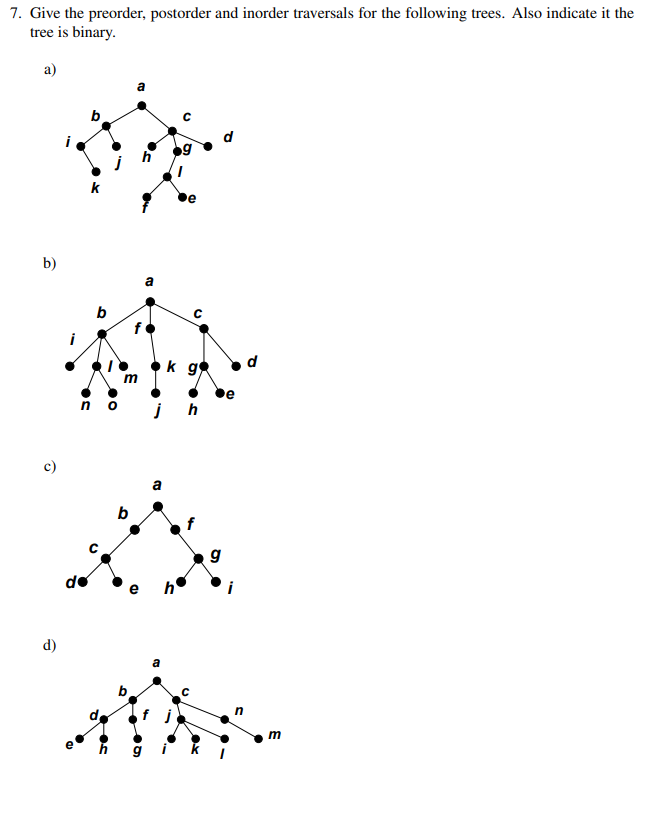 Solved 7. Give the preorder, postorder and inorder | Chegg.com