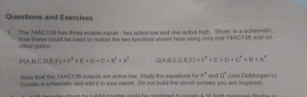 Solved Questions and Exercises The 74AC138 has three enable | Chegg.com