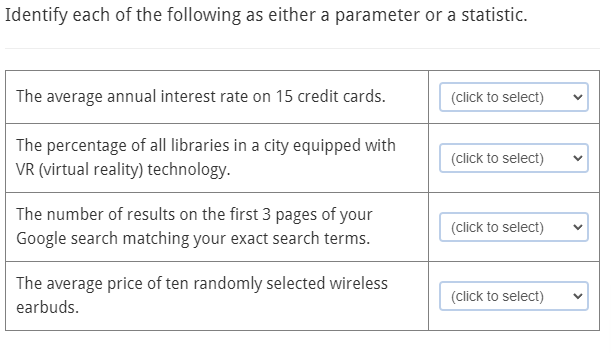 Solved Identify each of the following as either a parameter | Chegg.com