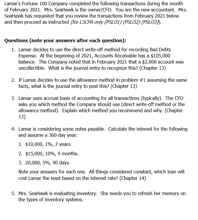 Solved Lamar's Fortune 100 Company completed the following | Chegg.com