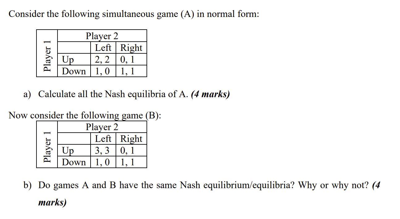 Solved Consider the following simultaneous game (A) in | Chegg.com