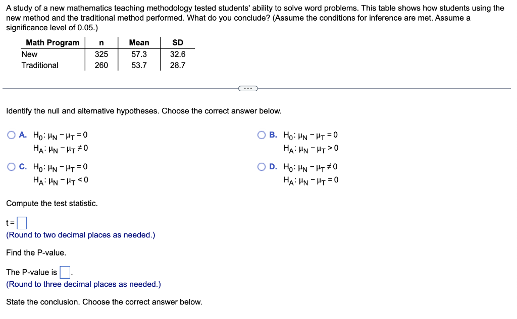 Solved A study of a new mathematics teaching methodology | Chegg.com