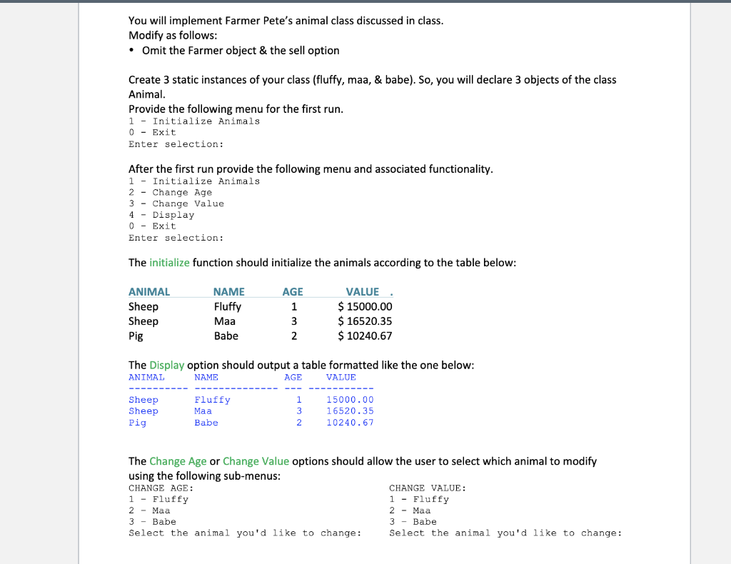 Solved You will implement Farmer Pete's animal class | Chegg.com