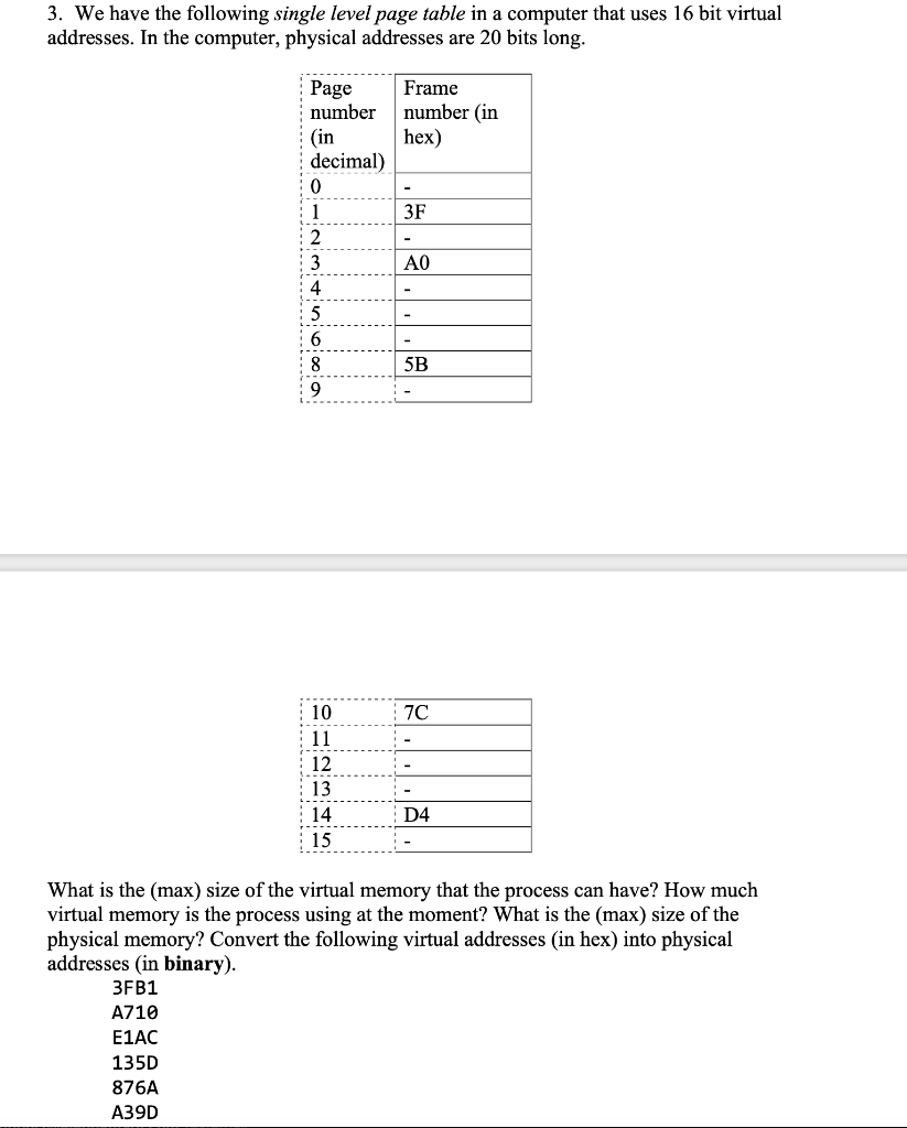 Solved 3. We have the following single level page table in a | Chegg.com