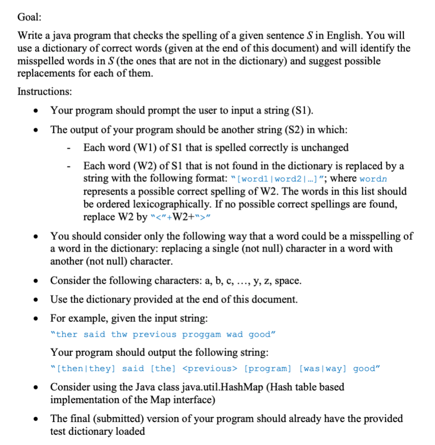 Goal: Write a java program that checks the spelling | Chegg.com