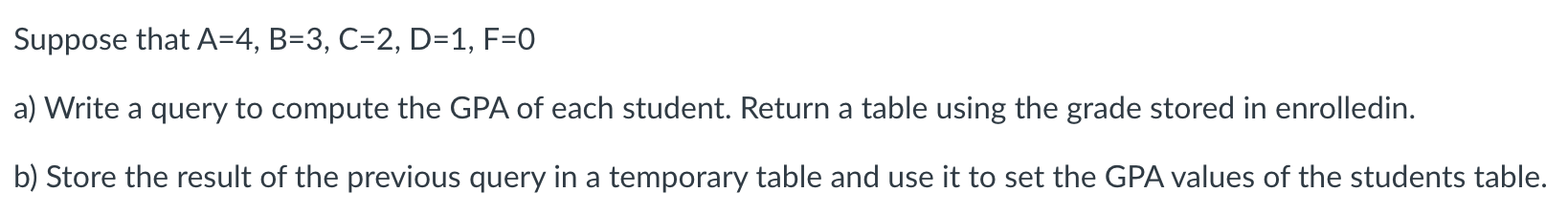 Solved Suppose that A=4, B=3, C=2, D=1, F=0 a) Write a query | Chegg.com