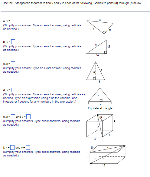 Solved Use the Pythagorean theorem to find x ﻿and y ﻿in each | Chegg.com