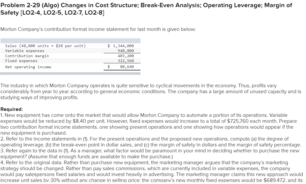 Solved Problem 2-29 (Algo) Changes in Cost Structure; | Chegg.com