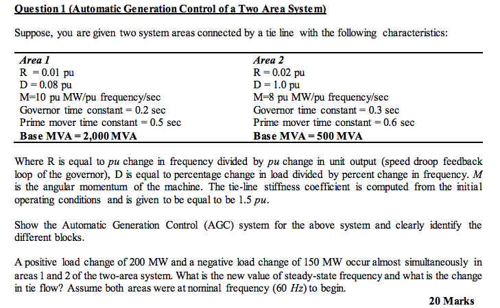 Solved uestion 1 (Automatic Generation Control of a Two Area | Chegg.com