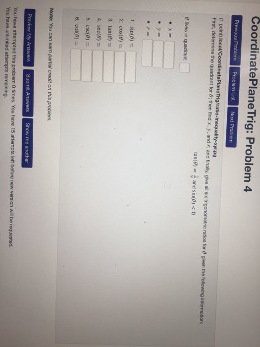 Solved CoordinatePlaneTrig: Problem 4 Previous | Chegg.com