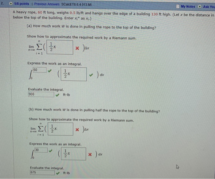 Solved 7 5/8 points 1 Previous Answers SCalcET8 6.4.013.MI | Chegg.com