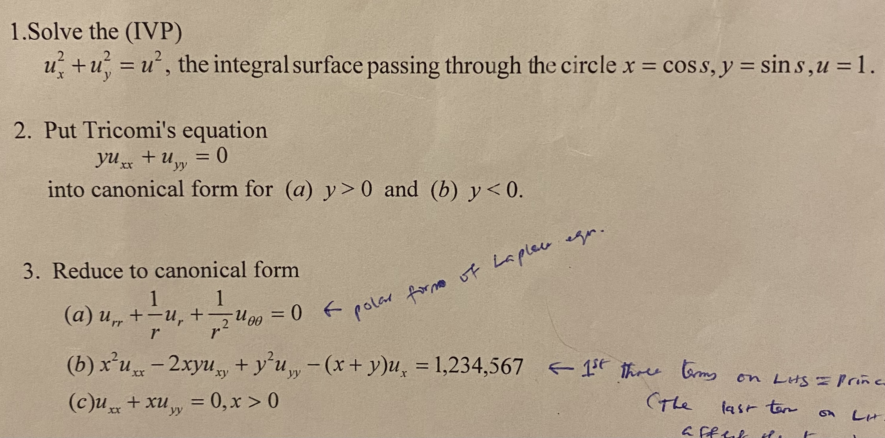 Solved 1.Solve the (IVP) ux2+uy2=u2, the integral surface | Chegg.com
