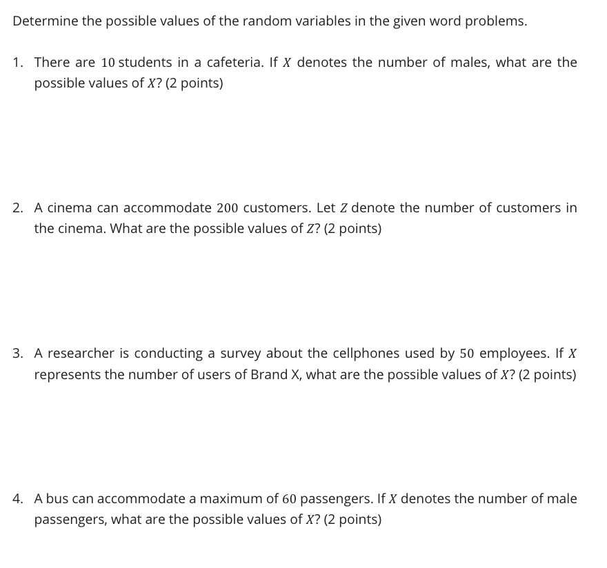 Solved Determine the possible values of the random variables | Chegg.com