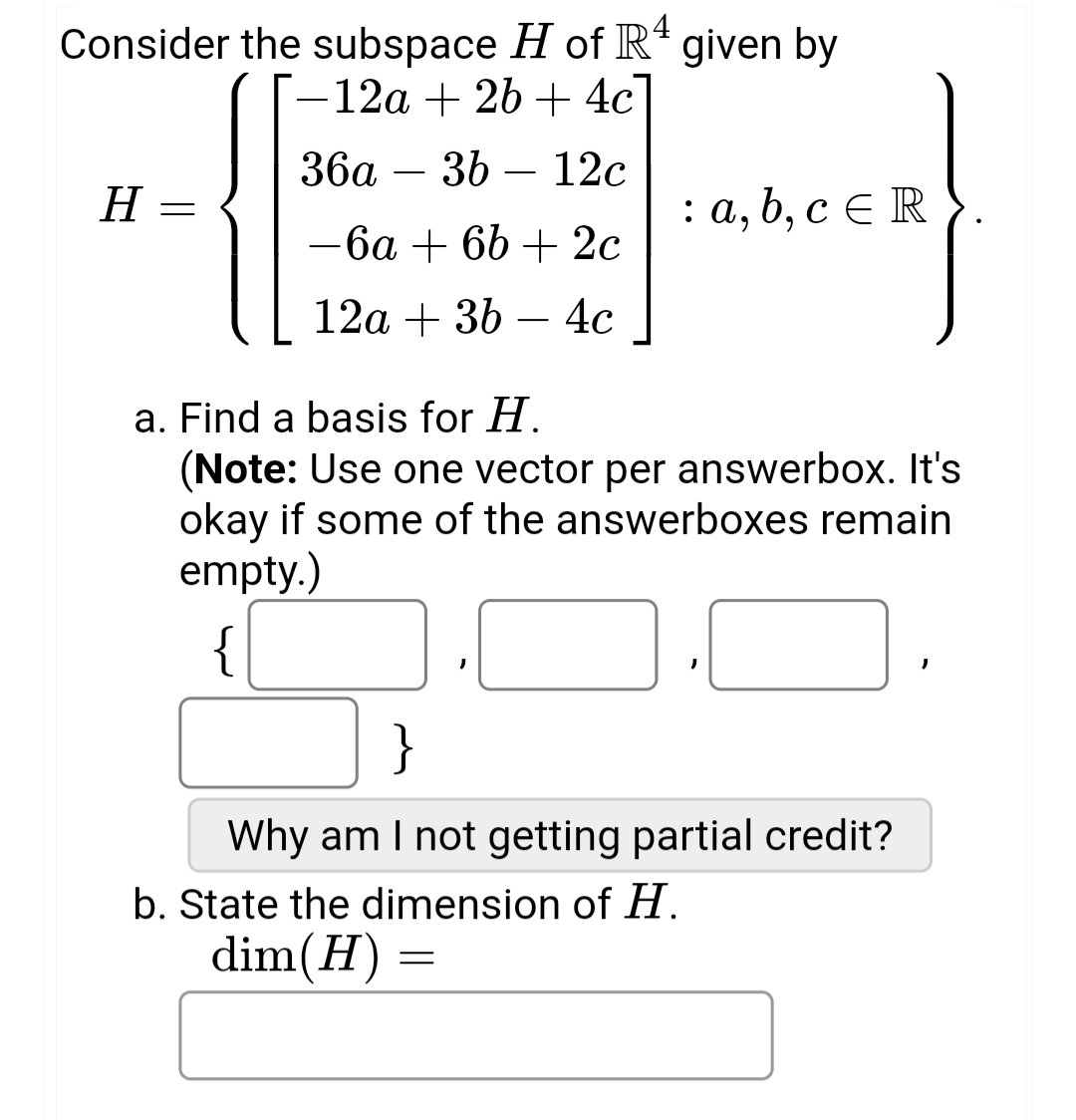 Solved Consider the subspace H of R4 given by | Chegg.com
