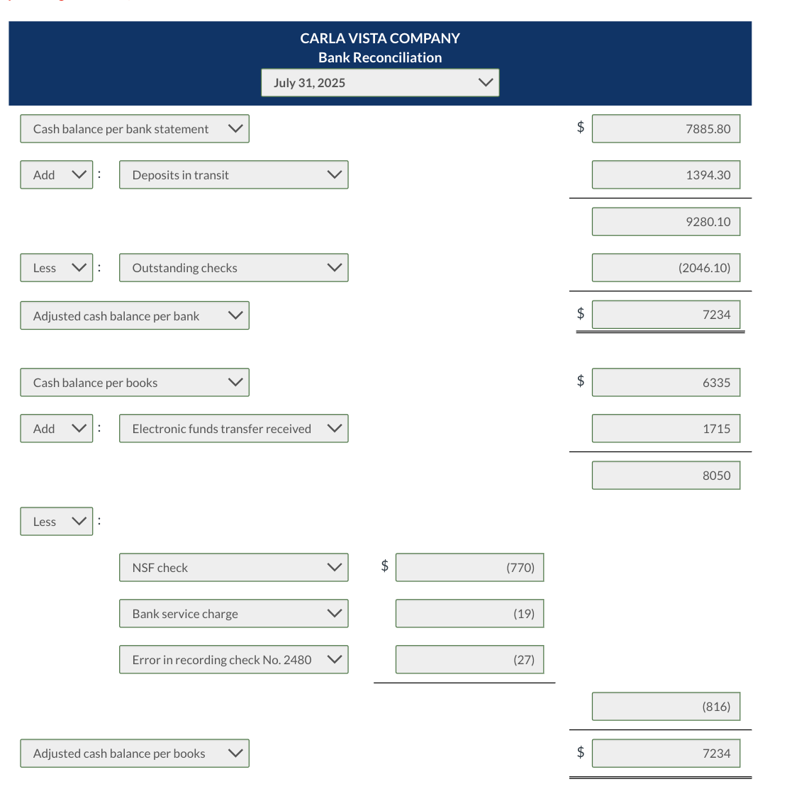 Solved On July 31,2025 , Carla Vista Company had a cash | Chegg.com