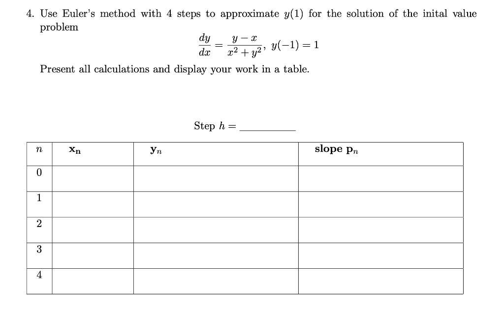 Solved 4. Use Euler's method with 4 steps to approximate | Chegg.com