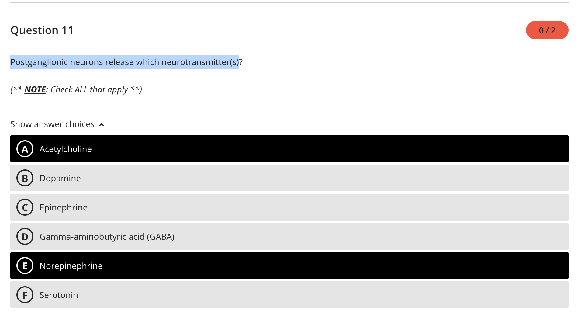 Solved Question 11Postganglionic neurons release which | Chegg.com