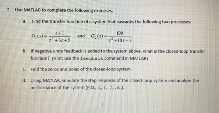 Solved 2. Use MATLAB to complete the following exercises. a. | Chegg.com