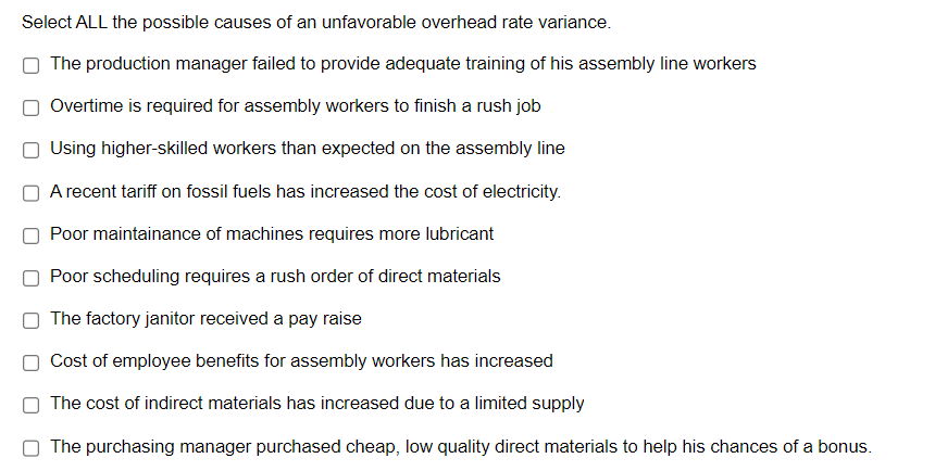 Solved Select ALL the possible causes of an unfavorable | Chegg.com