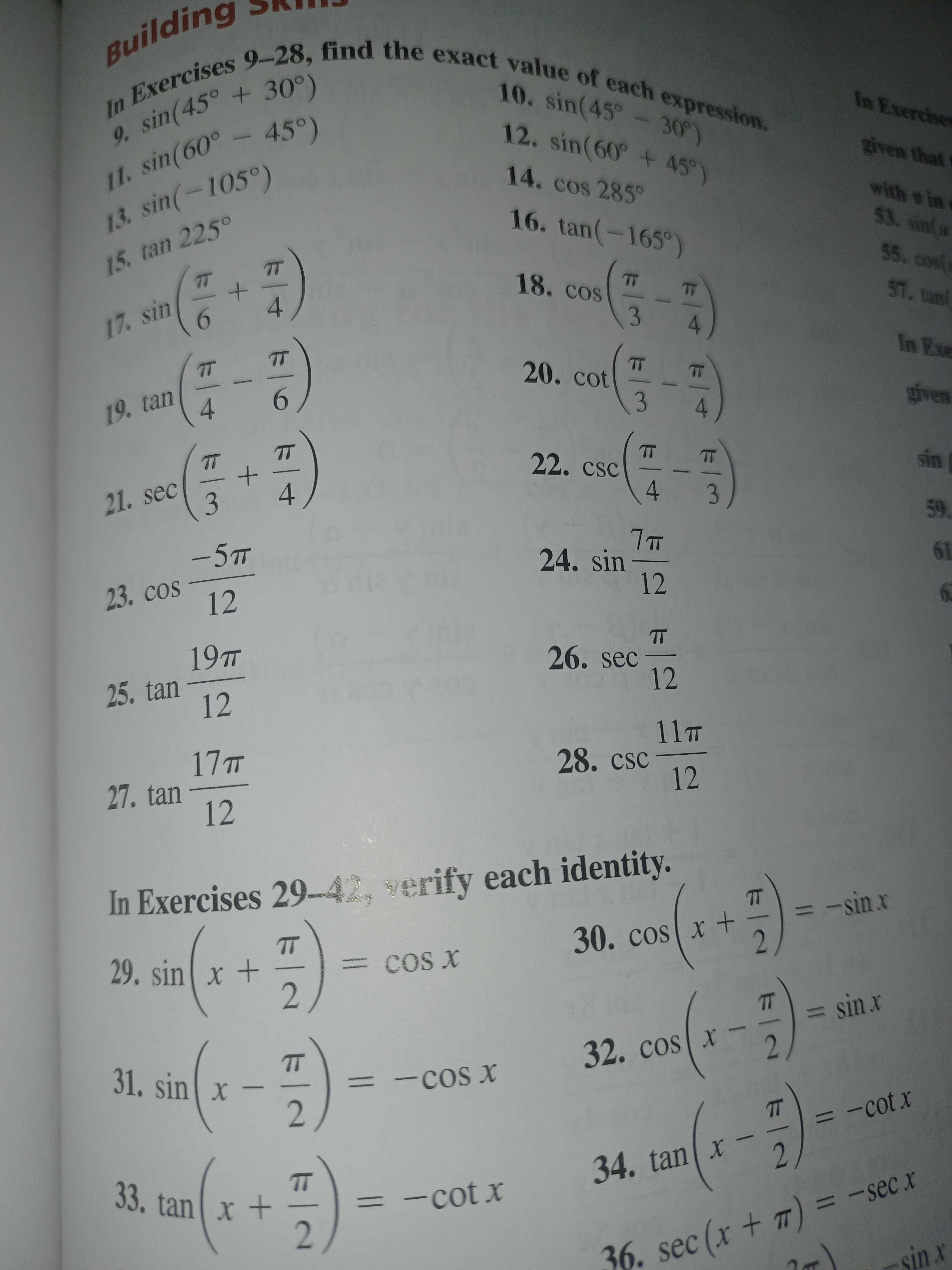 Solved 10. corcises9−28, 11. sin(60∘−45∘) 13. sin(−105∘) 15. | Chegg.com