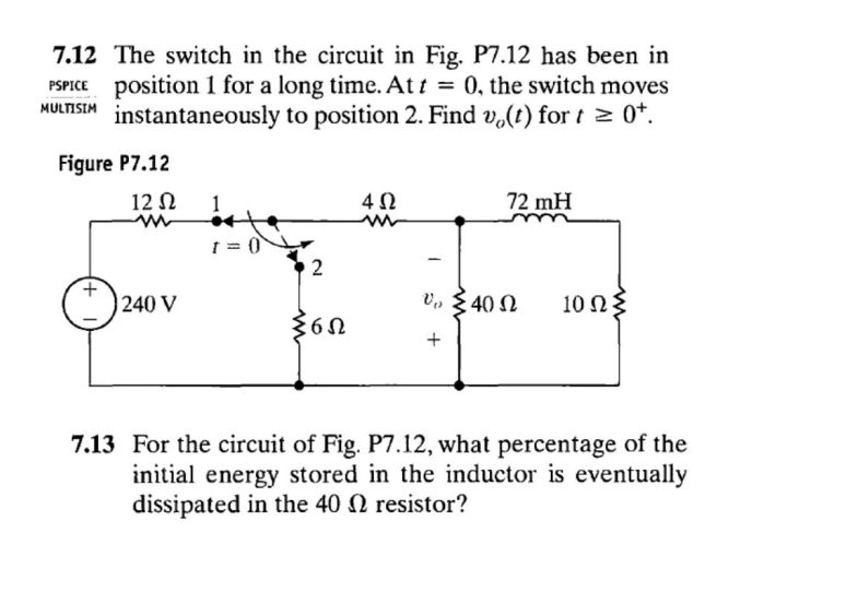Solved 7.12 ﻿The switch in the circuit in Fig. P7.12 ﻿has | Chegg.com