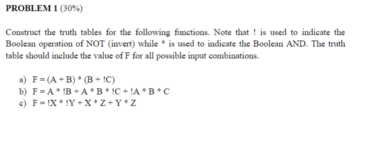 Solved PROBLEM 1 (30%) Construct the truth tables for the | Chegg.com