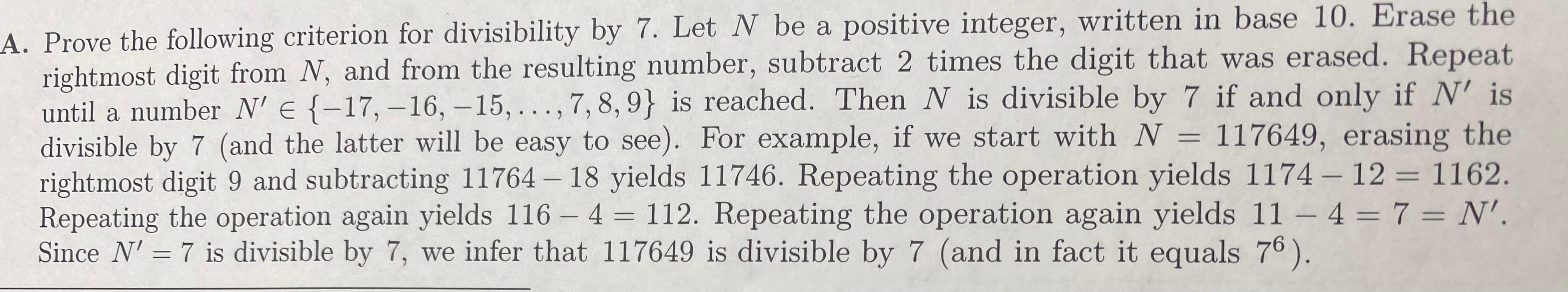 Solved Prove the following criterion for divisibility by 7 . | Chegg.com