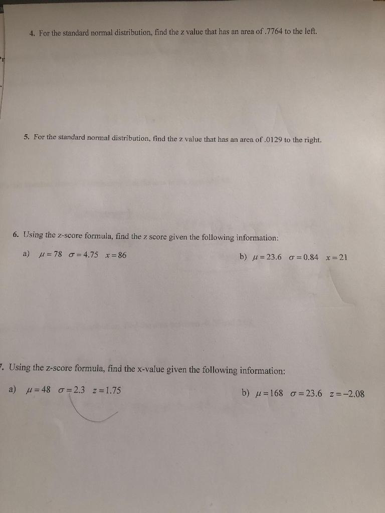 Solved 4. For the standard normal distribution, find the z | Chegg.com