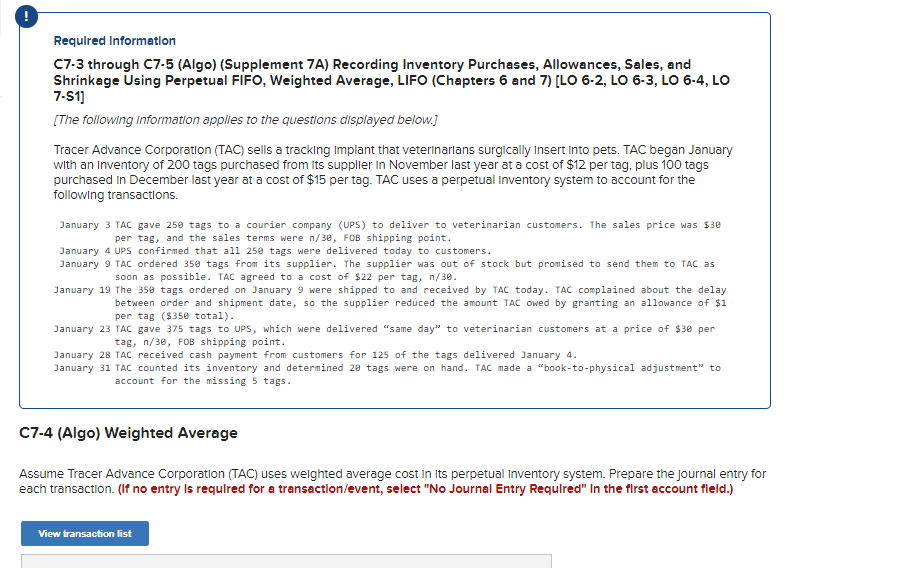 Solved Requlred Information C7.3 through C7.5 (Algo) | Chegg.com