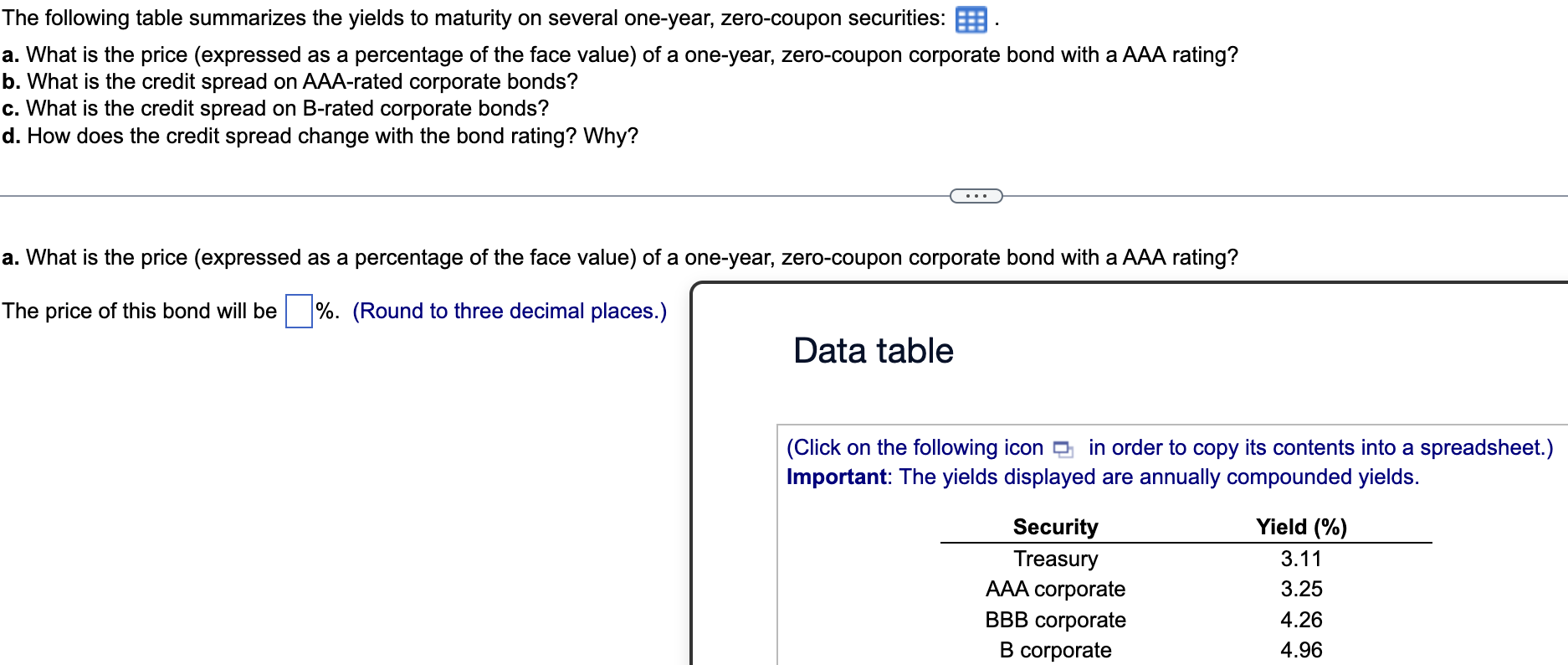 Solved The following table summarizes the yields to maturity | Chegg.com