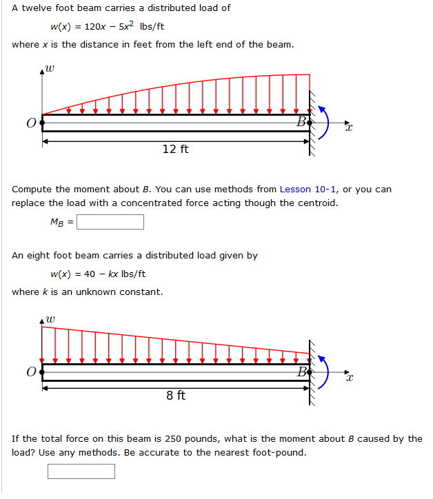 Solved A twelve foot beam carries a distributed load of w(x) | Chegg.com