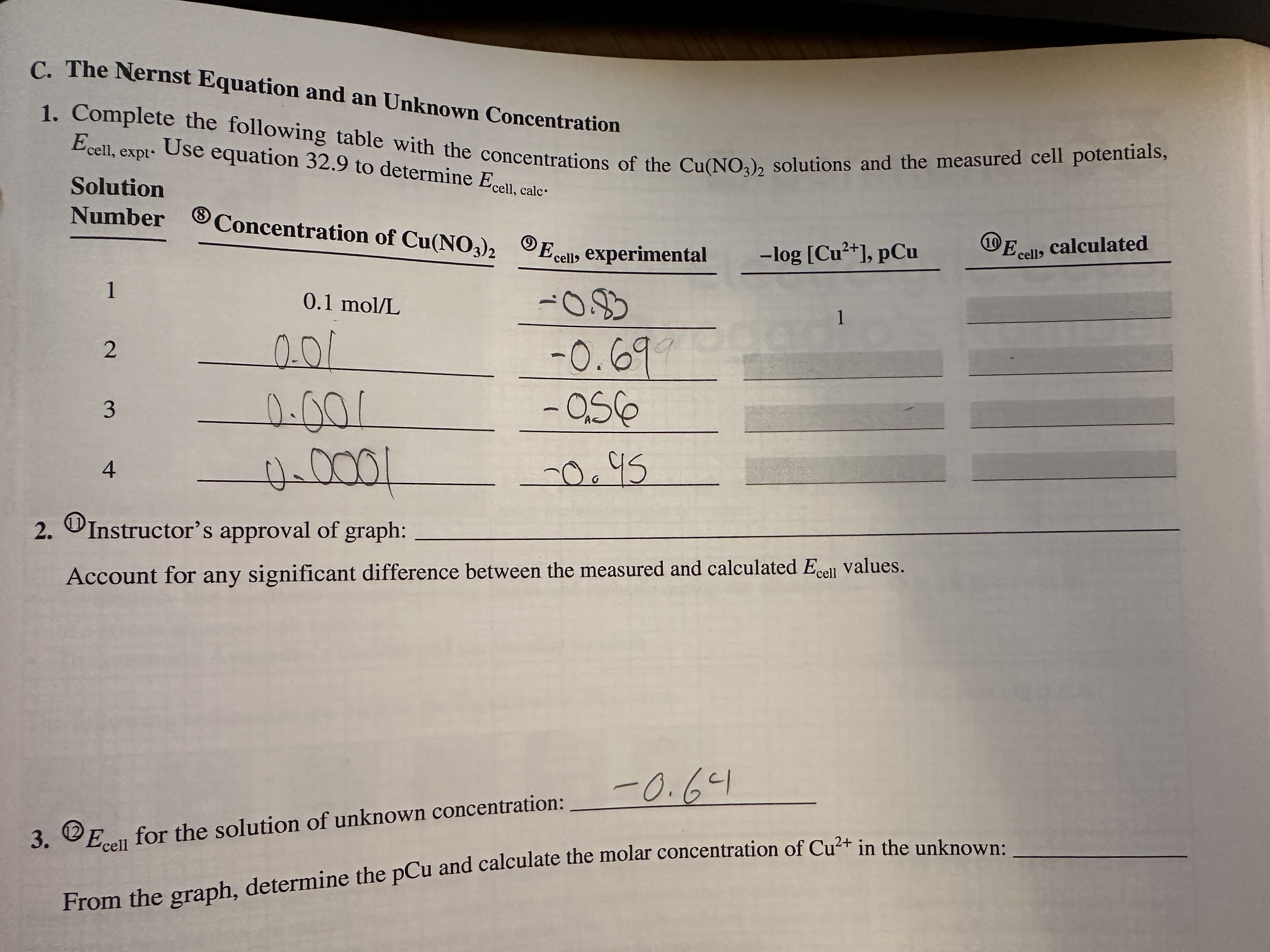 Solved C. The Nernst Equation and an Unknown Concentration | Chegg.com