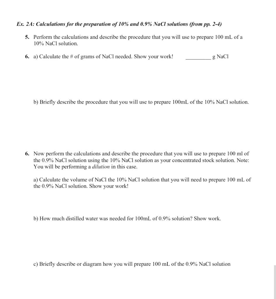 Solved Ex. 2A: Calculations for the preparation of 10% and | Chegg.com