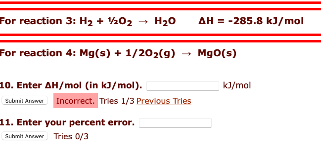 Determine H/mol Mg for Reaction (4). (Use your Step 5 | Chegg.com