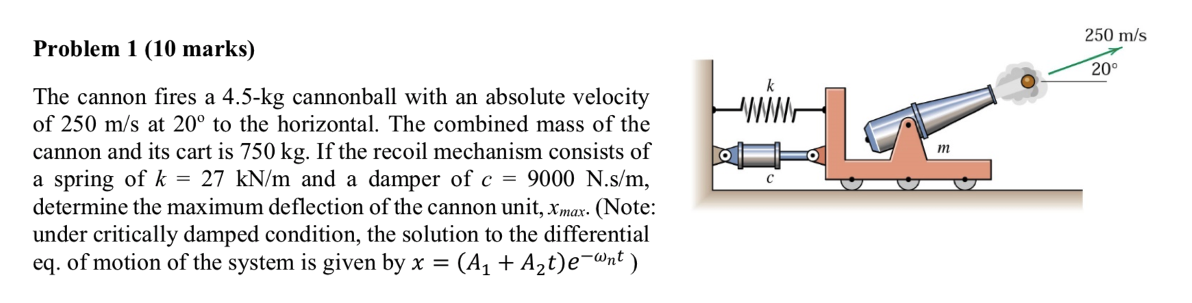 Solved 250 m/s Problem 1 (10 marks) 20° k The cannon fires a | Chegg.com