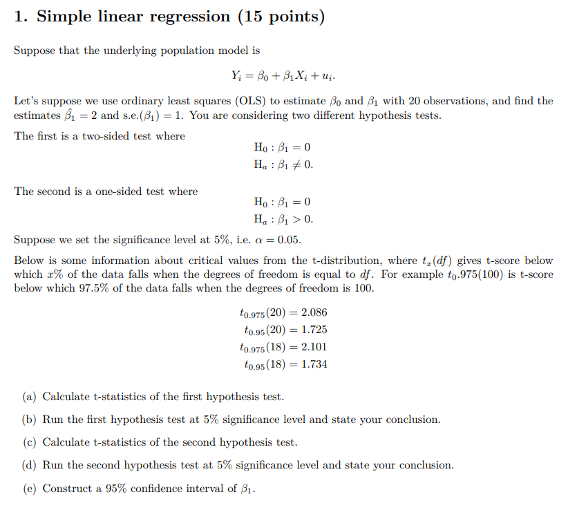 Solved 1. Simple linear regression (15 points) Suppose that | Chegg.com