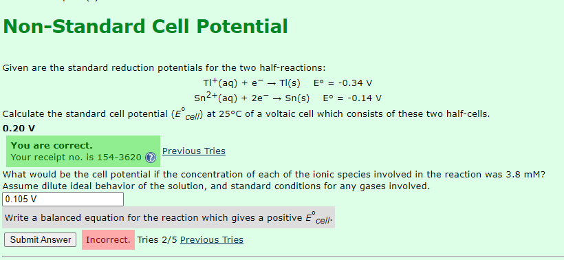 Solved Non-Standard Cell Potential Given are the standard | Chegg.com