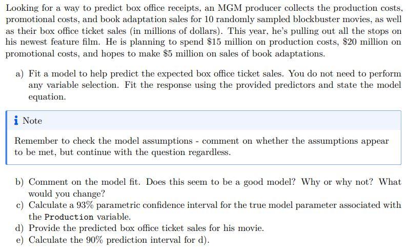 Solved Looking for a way to predict box office receipts, an | Chegg.com