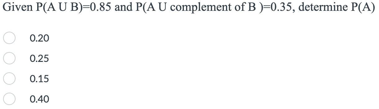 Solved Given P(AUB)=0.85 and P(AU complement of B)=0.35, | Chegg.com