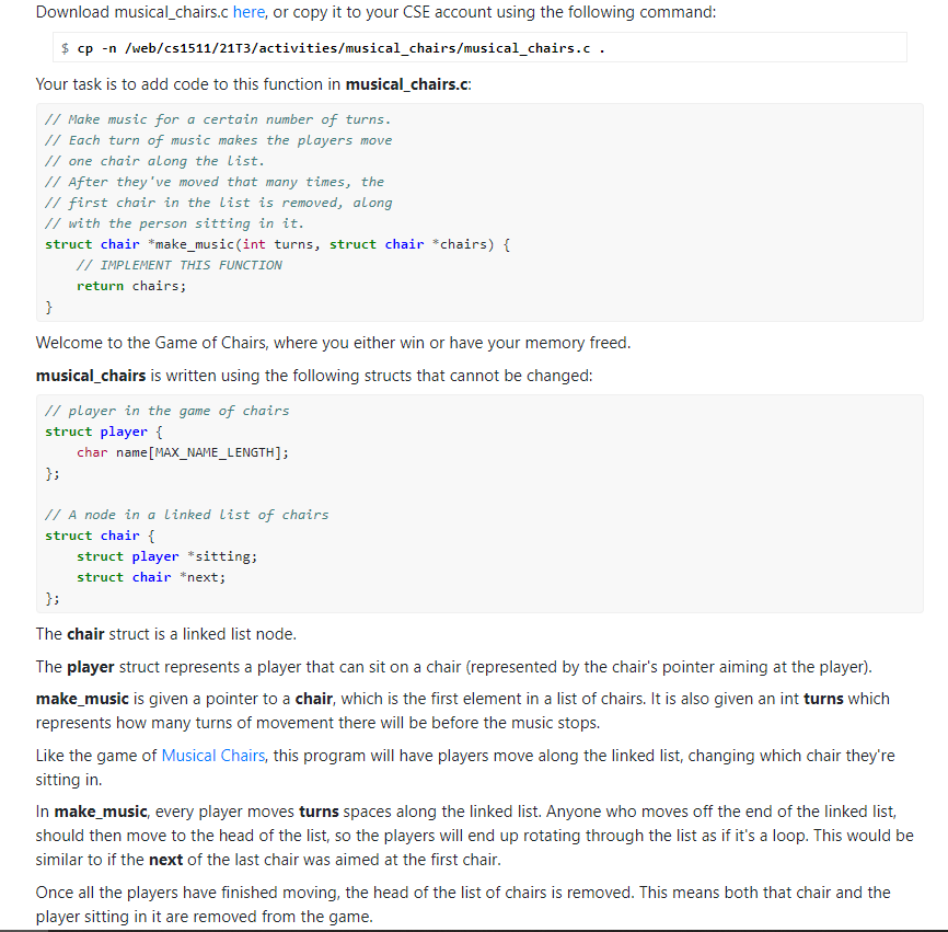 Solved Download musical_chairs.c here, or copy it to your | Chegg.com
