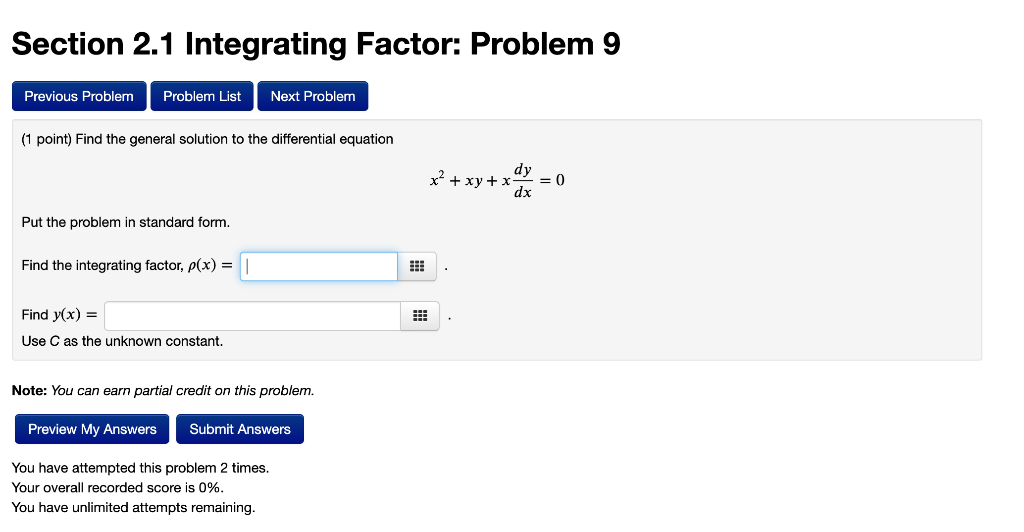 Solved Section 2.1 Integrating Factor: Problem 9 Previous | Chegg.com