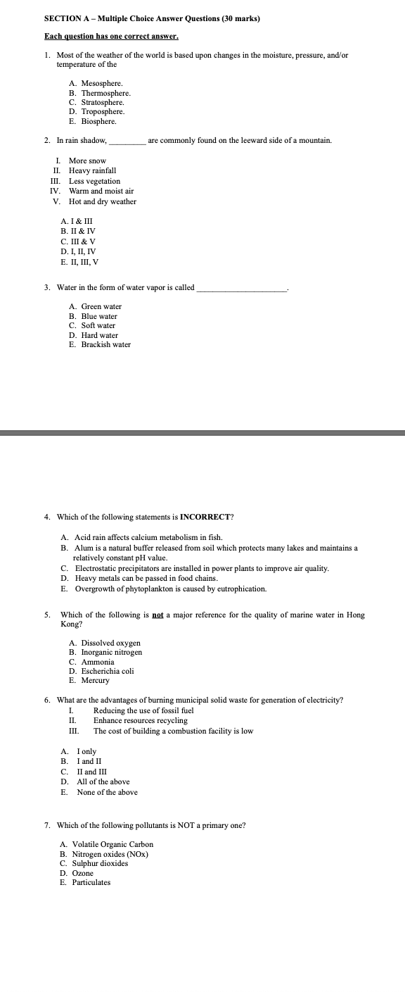 Solved SECTION A - Multiple Choice Answer Questions (30 | Chegg.com