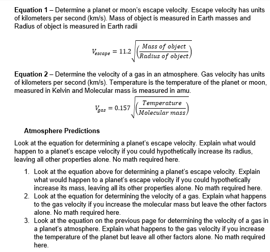 Solved Equation 1 - Determine a planet or moon's escape | Chegg.com