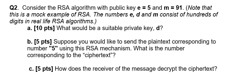 Solved Q2. Consider the RSA algorithm with public key e = 5 | Chegg.com