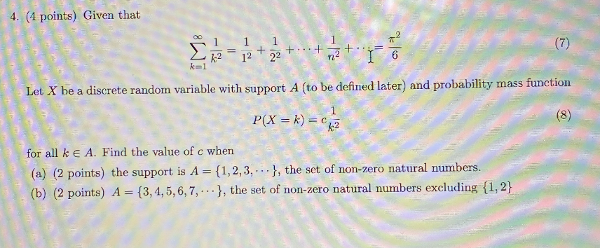 Solved 4. (4 points) Given that ∑k=1∞k21=121+221+⋯+n21+⋯=6π2 | Chegg.com